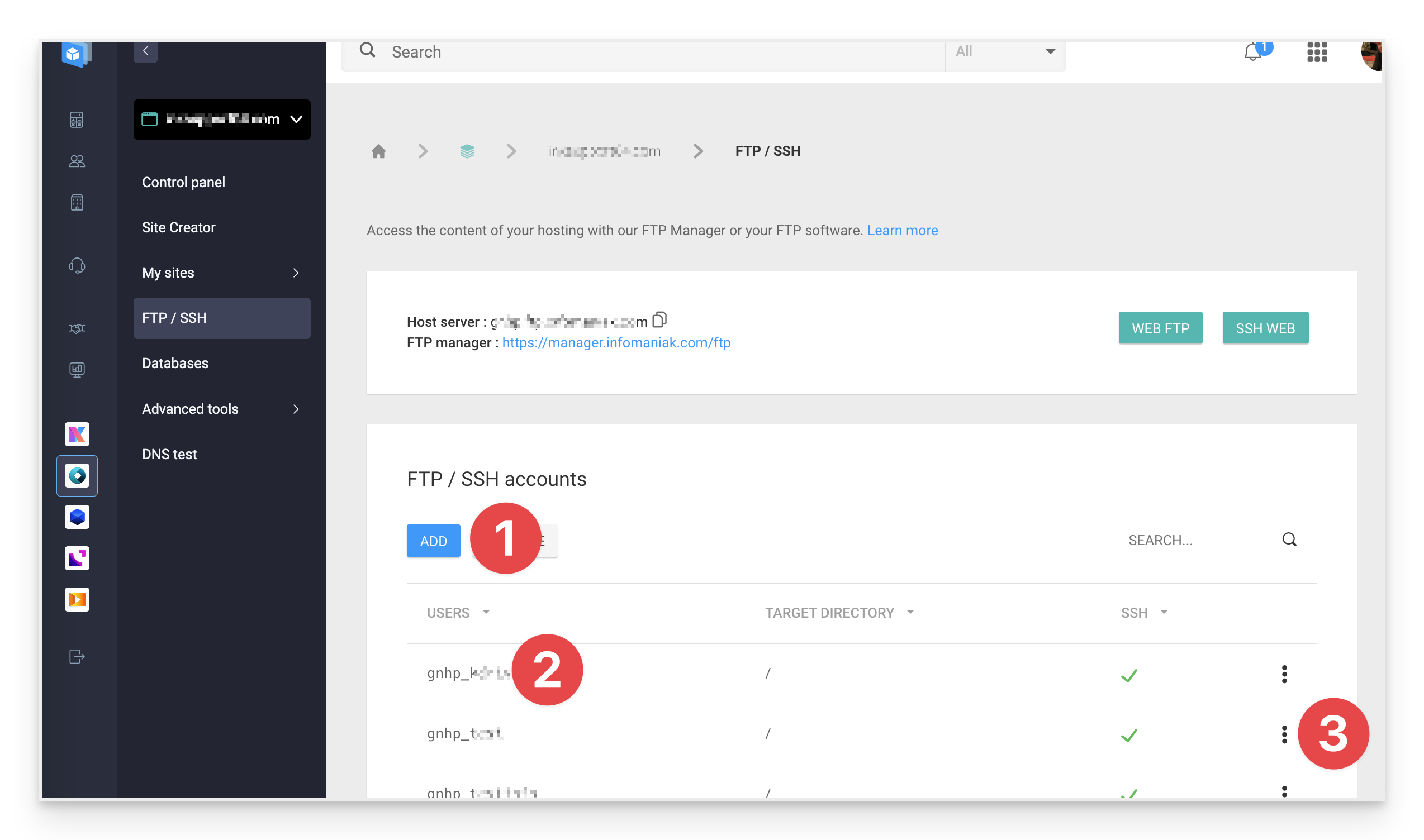 🚀 Manage FTP / SSH Accounts - Infomaniak