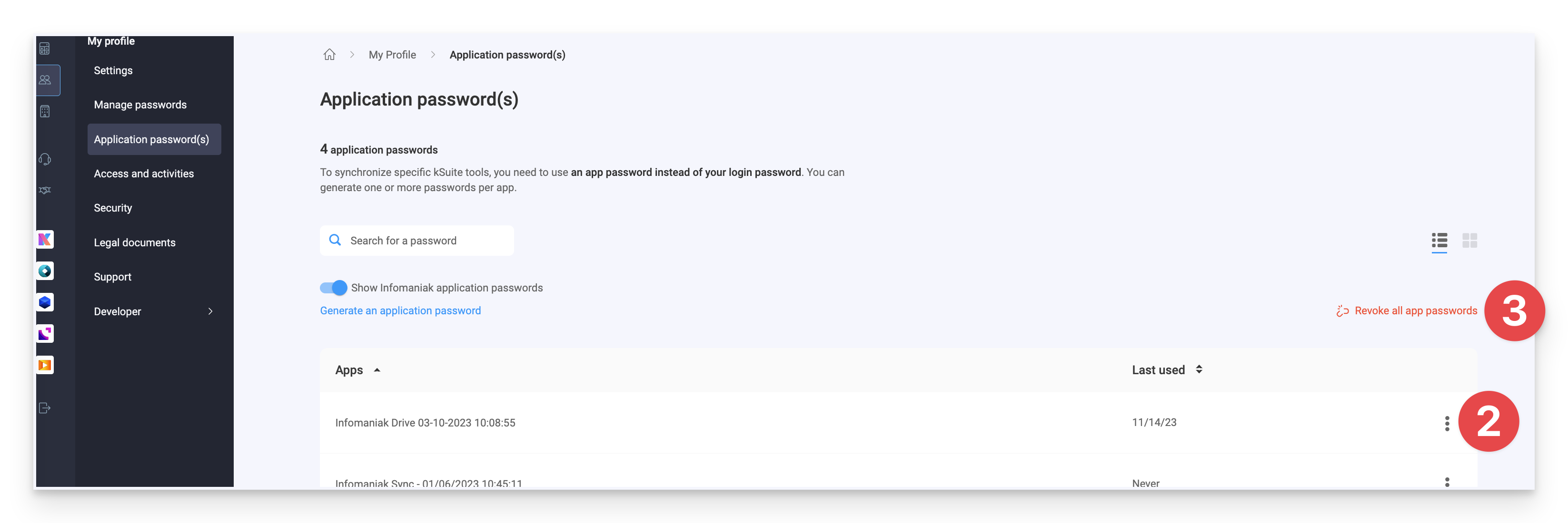🚀 Manage application passwords - Infomaniak