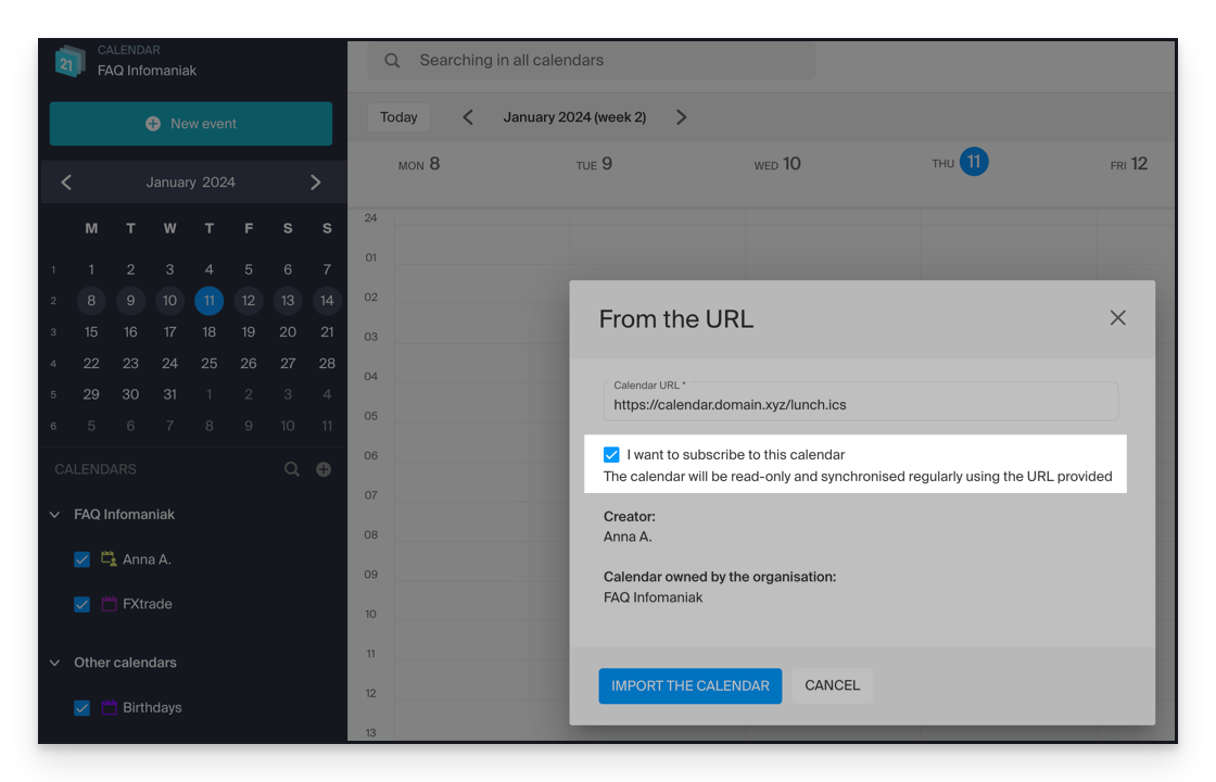 🚀 Import a calendar into Calendar - Infomaniak